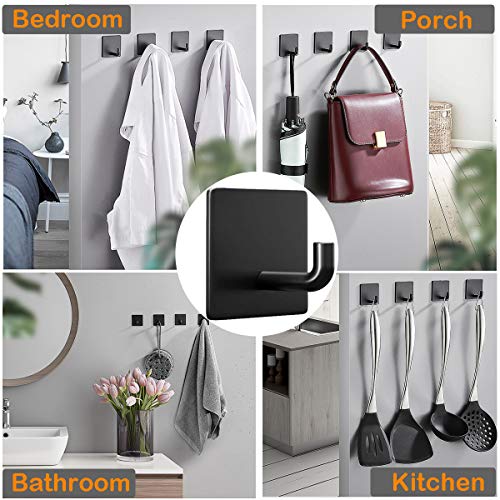 4 Pack Self Adhesive Hooks, Veriya Stainless Steel Adhesive Hook Heavy Duty Sticky Hanger Waterproof Rustproof Hanging Holder Stick on Wall, Door, Bathroom, Kitchen, Office (Black)