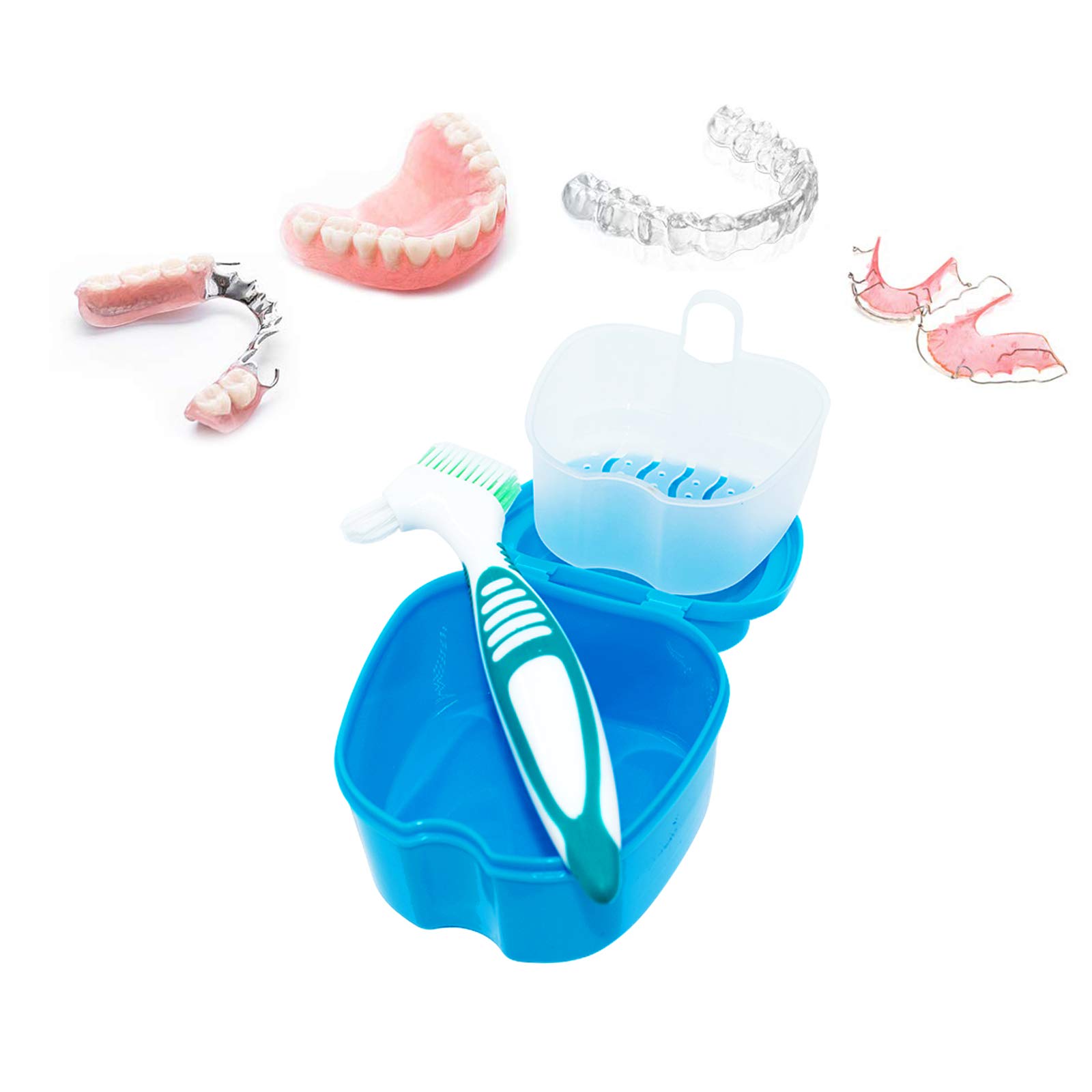4 Pcs False Teeth Container, Denture Base Holder Box, Soaking Denture Bath with Strainer Basket & Denture Brush for Travel Overnight Denture Cleaning Case(Blue Green)