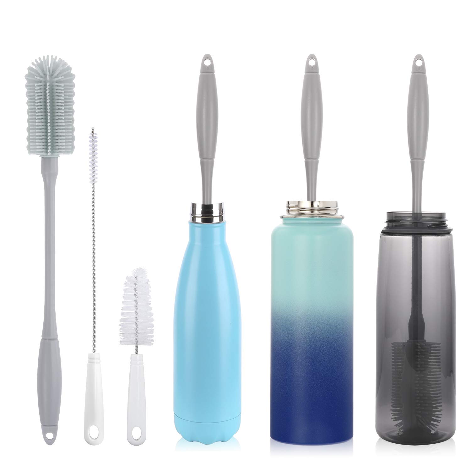 14โ Silicone Bottle Brush - Cleaning Set for Sports Water Bottle, Baby Bottles, Tumbler, Drinking Glasses, Vase
