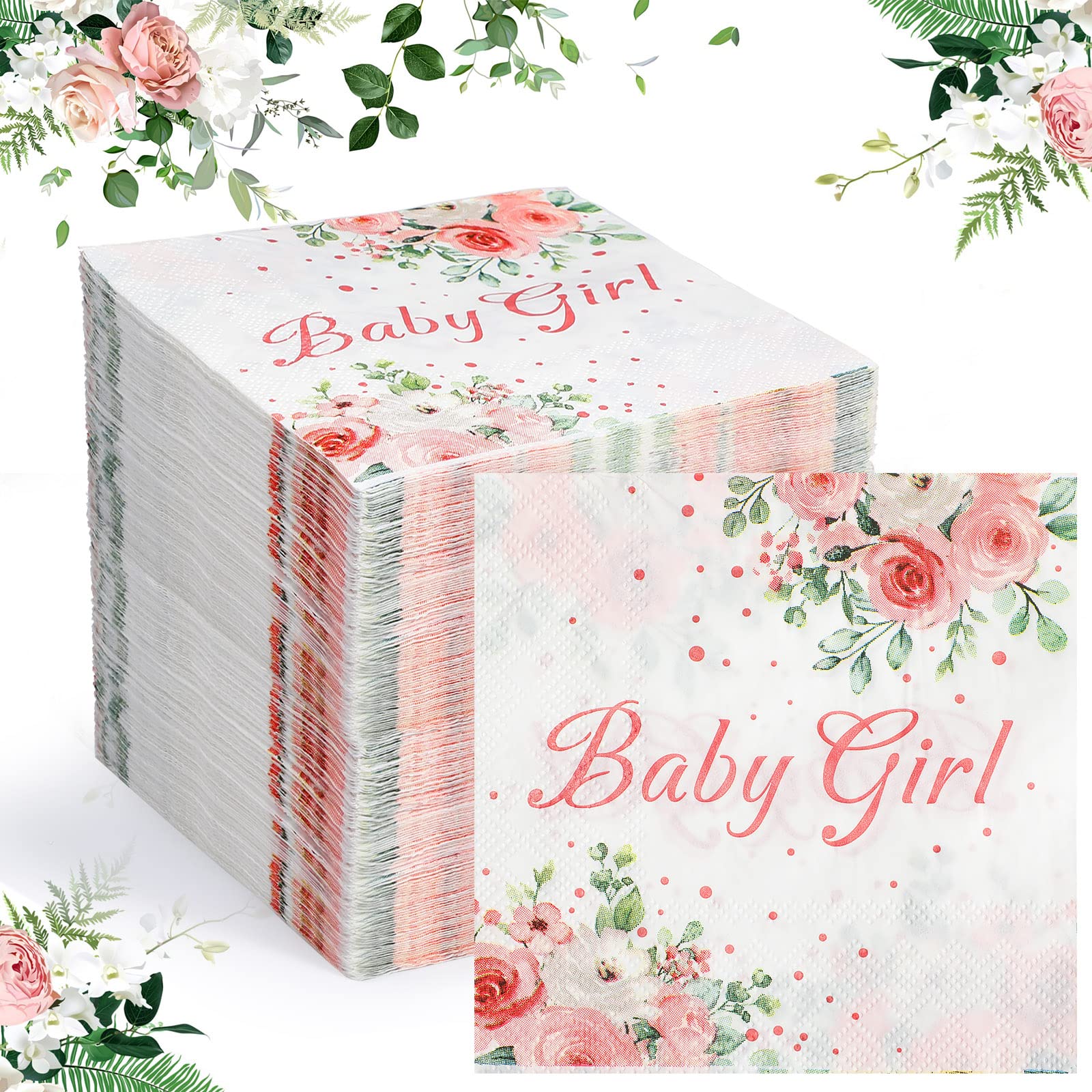 100PCS Baby Girl Napkins Disposable Baby Shower Napkins for Girl Baby Shower Paper Beverage Napkins Baby Girl Shower Party Decorations for Gender Reveal, Birthday, Bridal Shower Party Table Supplies