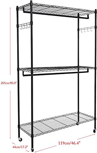 BATHWA Free Standing Closet Wire Shelving Clothing Rolling Rack Heavy Duty Garment Rack with Wheels and Side Hooks