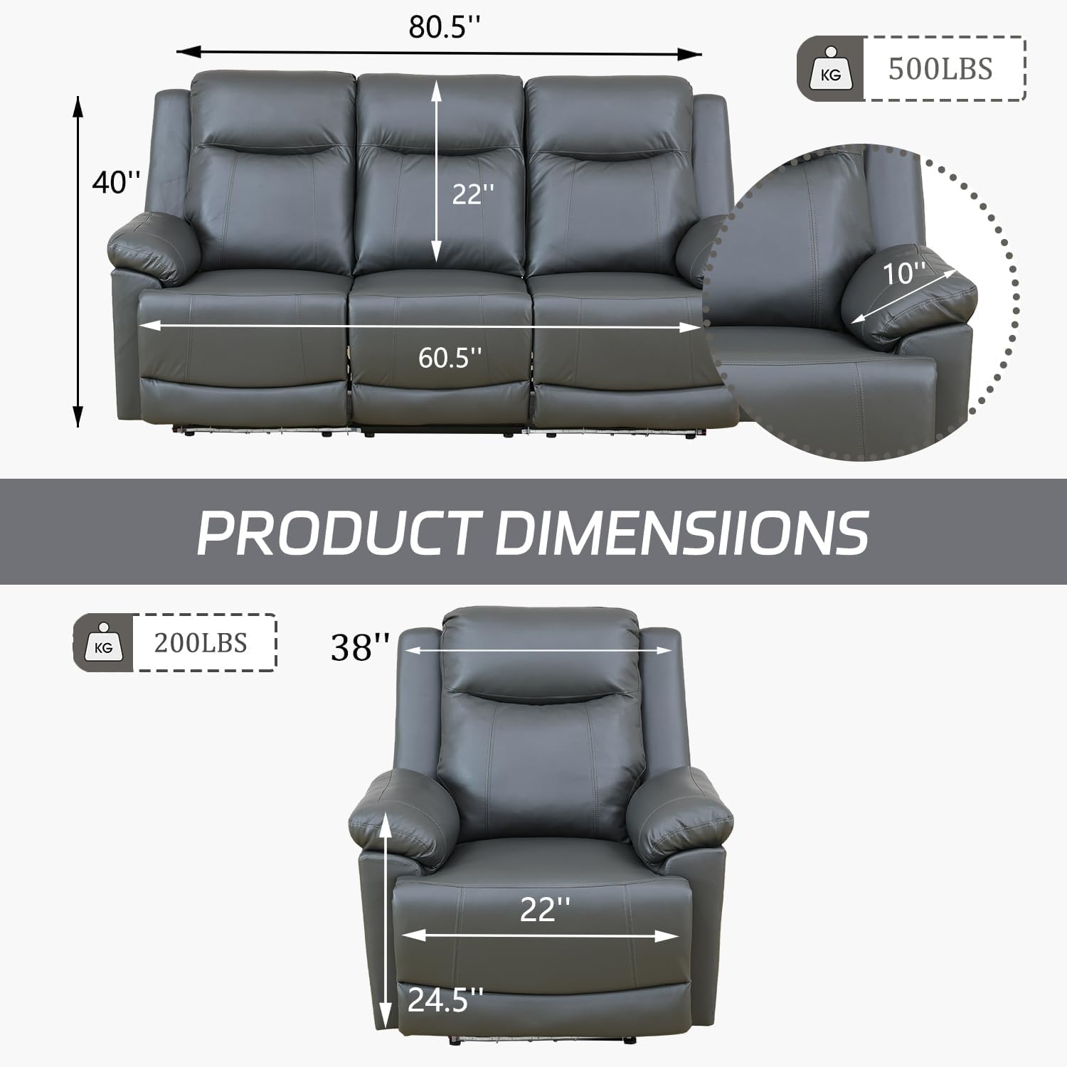 AYCP 1PC Electric Power Recliner Sofa Living Room Furniture, Air Leather Upholstery, USB 2.0 Charging Ports, LED Light Strips, Fold-Down Table & Cupholders (Dark Grey, Sofa), (NGS4791)