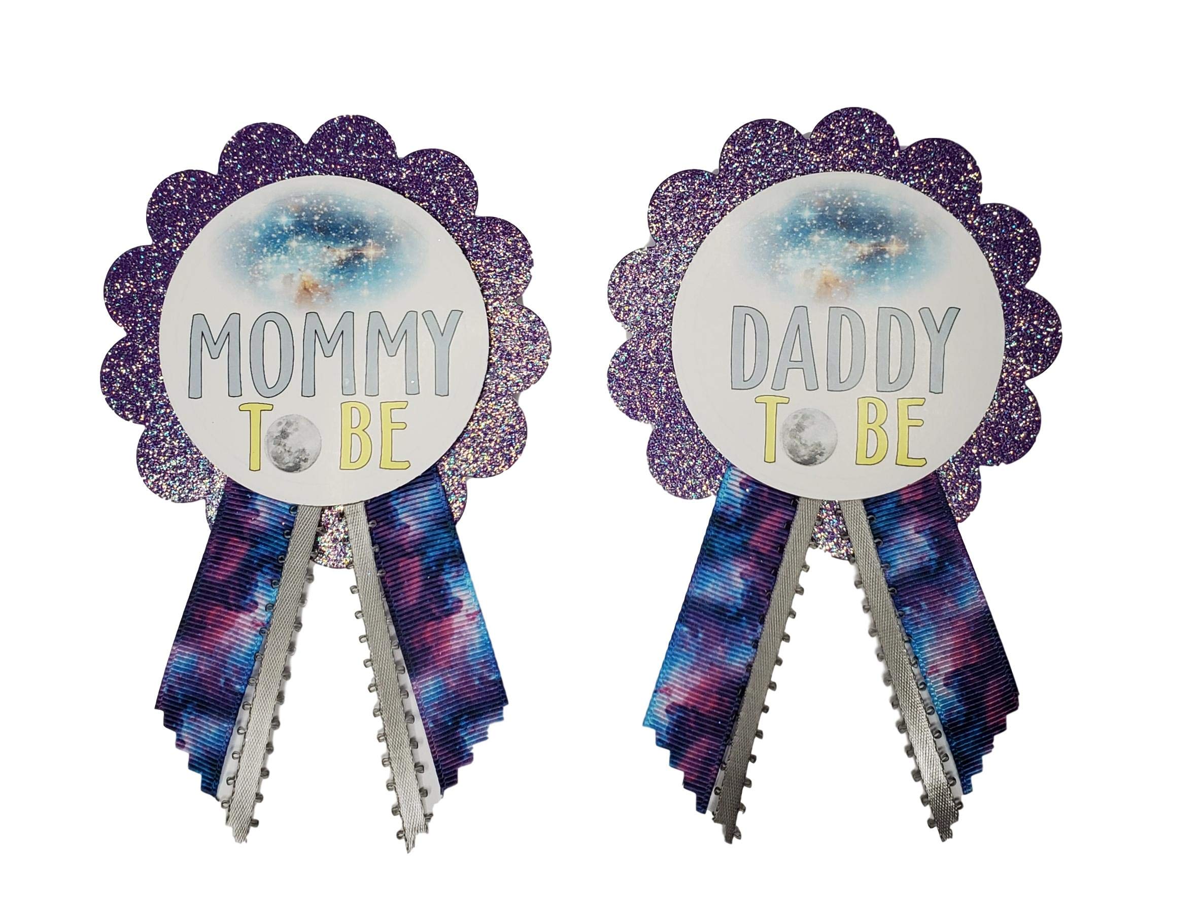 2 Mommy & Daddy to Be Button Pins Galaxy Baby Shower It's a Girl Boy for parents to wear, Purple Glitter Sprinkle