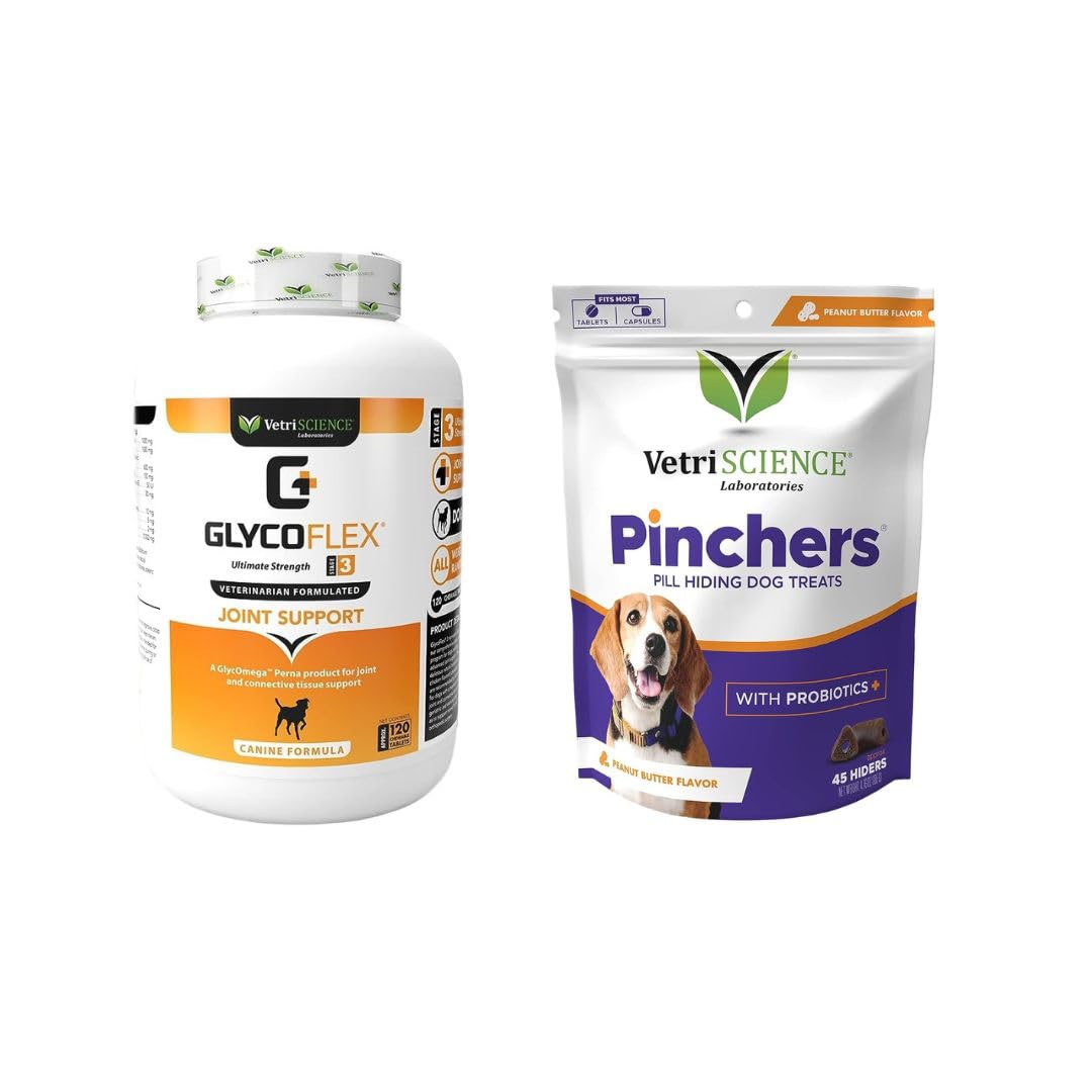 VETRISCIENCE Glycoflex Maximum Strength Hip and Joint Supplement with Glucosamine for Dogs and Pinchers Pill Hiding Treats