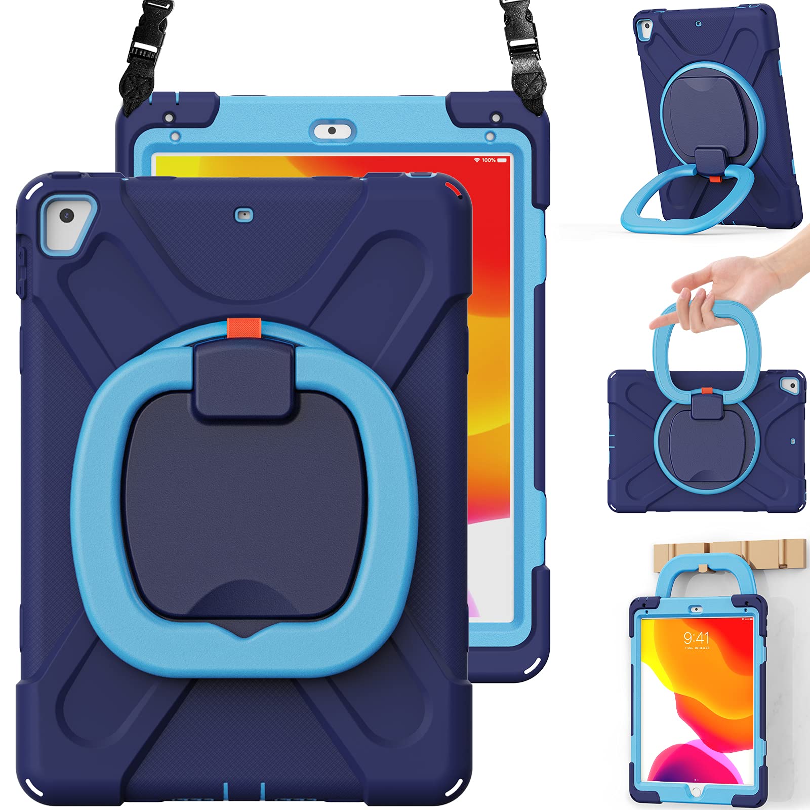 BRAECN Silicone Case for iPad 9.7 Inch 6th/5th Generation, iPad Pro 9.7, iPad Air 2, Triple Protected Rugged Cover with Stable Kickstand/Hand Grip/Pencil Holder/Shoulder Strap for Kids-Navy+Blue