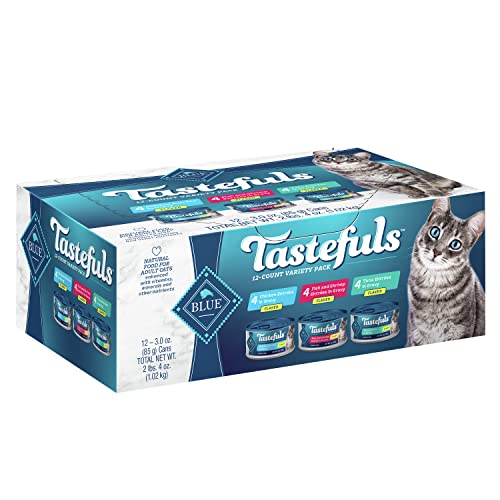 Blue Buffalo Tastefuls Natural Flaked Wet Cat Food Variety Pack, Tuna, Chicken, Fish & Shrimp EntrĂŠes in Gravy 3-oz Cans (12 Count - 4 of Each Flavor)