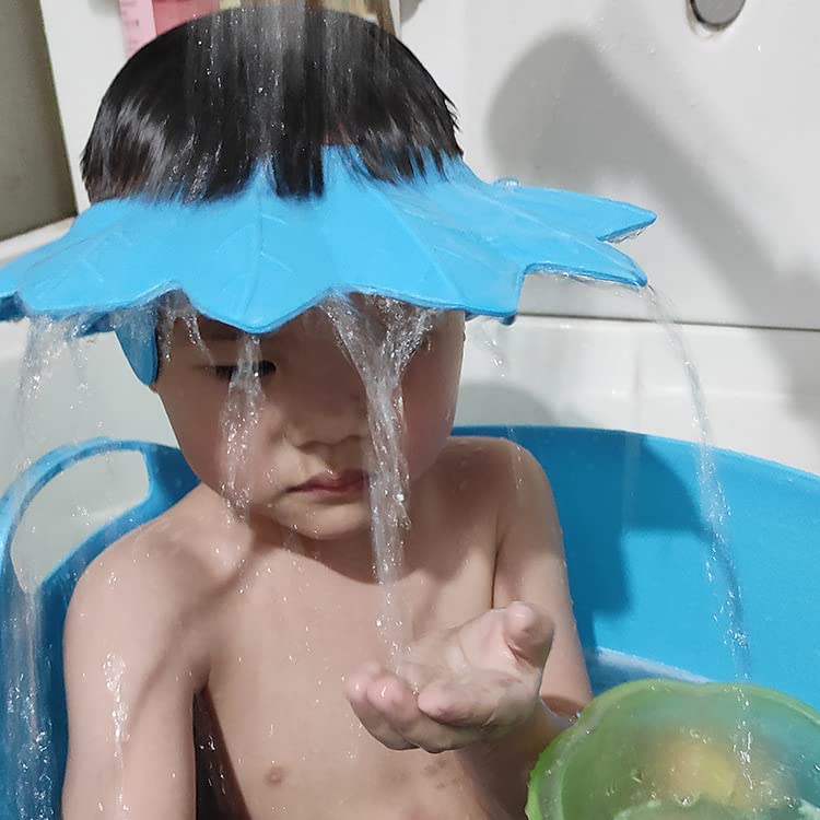Baby Shower Cap for Washing Hair, Leaf Pattern Bath Hat for Ear & Eye Protection, Shampoo Visor Shield for Toddler Kids Child Infant (Blue), (908765)