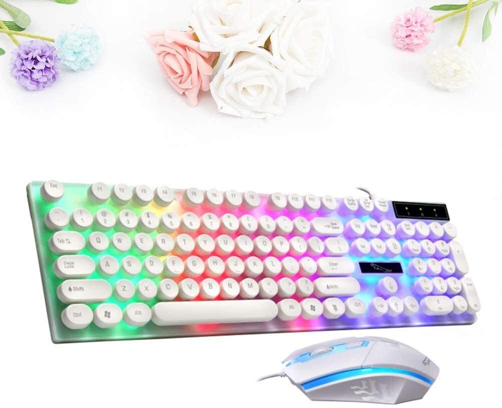 HJJWL Gaming Keyboard and Mouse Combo, RGB Rainbow Backlit Keyboard Compact USB Wired Mechanical Feeling Keyboard for Computer Gamer Office (White),Colour Name:Black (Color : White)