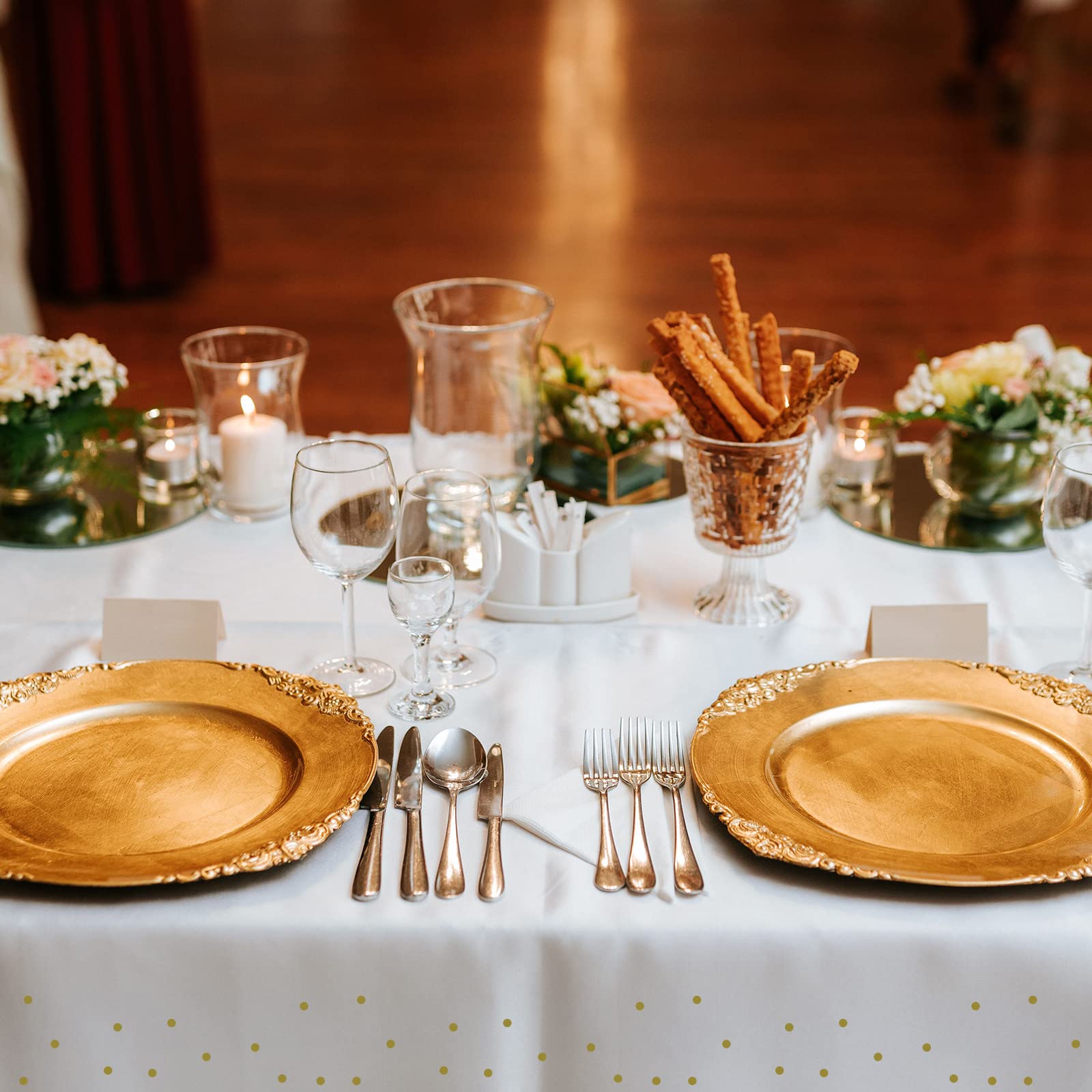 12 Pack White and Gold Dot Plastic Tablecloth, Gold Stamping Dot Confetti Rectangle Plastic Disposable Tablecloth for Birthday Wedding Baby Shower Engagement Anniversary Party Decorations, 54x108 Inch