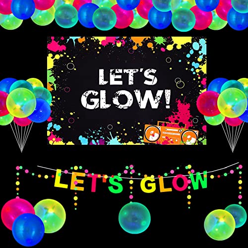 43 Pieces Glow Party Supplies Neon Party Decoration Set Include Glow Party Themed Backdrop Let's Glow Banner Circle Dot Garland and 40 Pieces Colorful Glow Party Balloons for Birthday and Glow Party