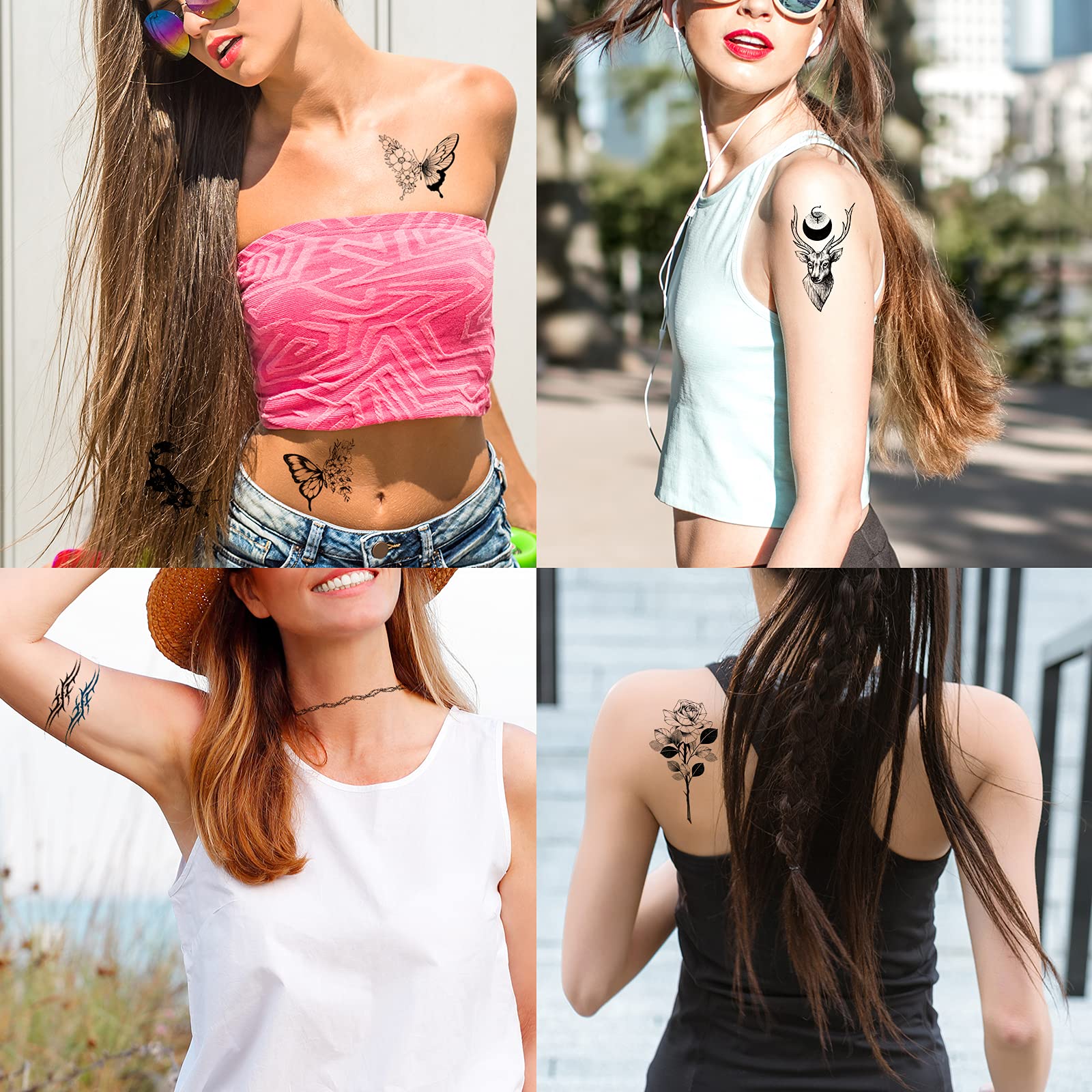 72 Sheets Temporary Tattoos for Women and Girls, Flower / Butterfly Temporary Tattoo, Fake Black Tiny Body Art Sticker