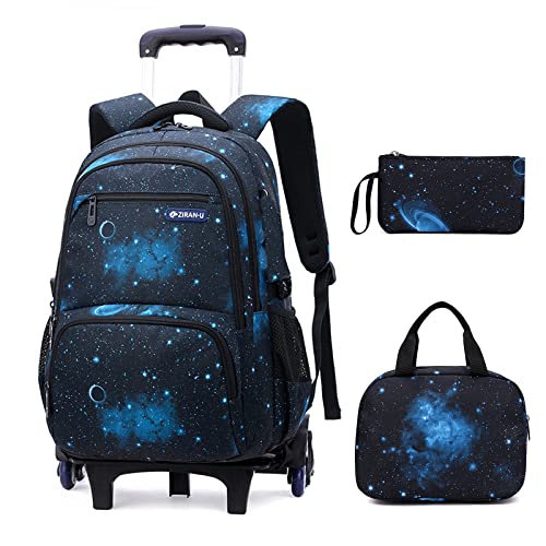 3Pcs Boys Galaxy Rolling Backpack Wheeled School Bag Kids 6 Wheels Trolley Bookbag Carry on Luggage with Lunch Bag