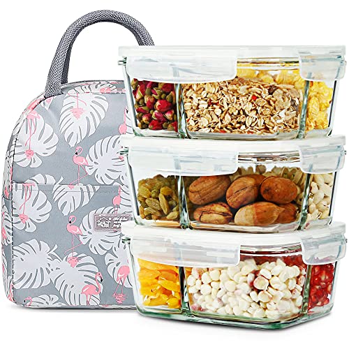 3 Pack 33.8oz Bento Box Glass Meal Prep Containers 3 Compartments Glass Food Storage Containers with Lids Meal Prep Bowls Lunch Box Glass Food Prep Containers Lunch Containers for Microwave Oven