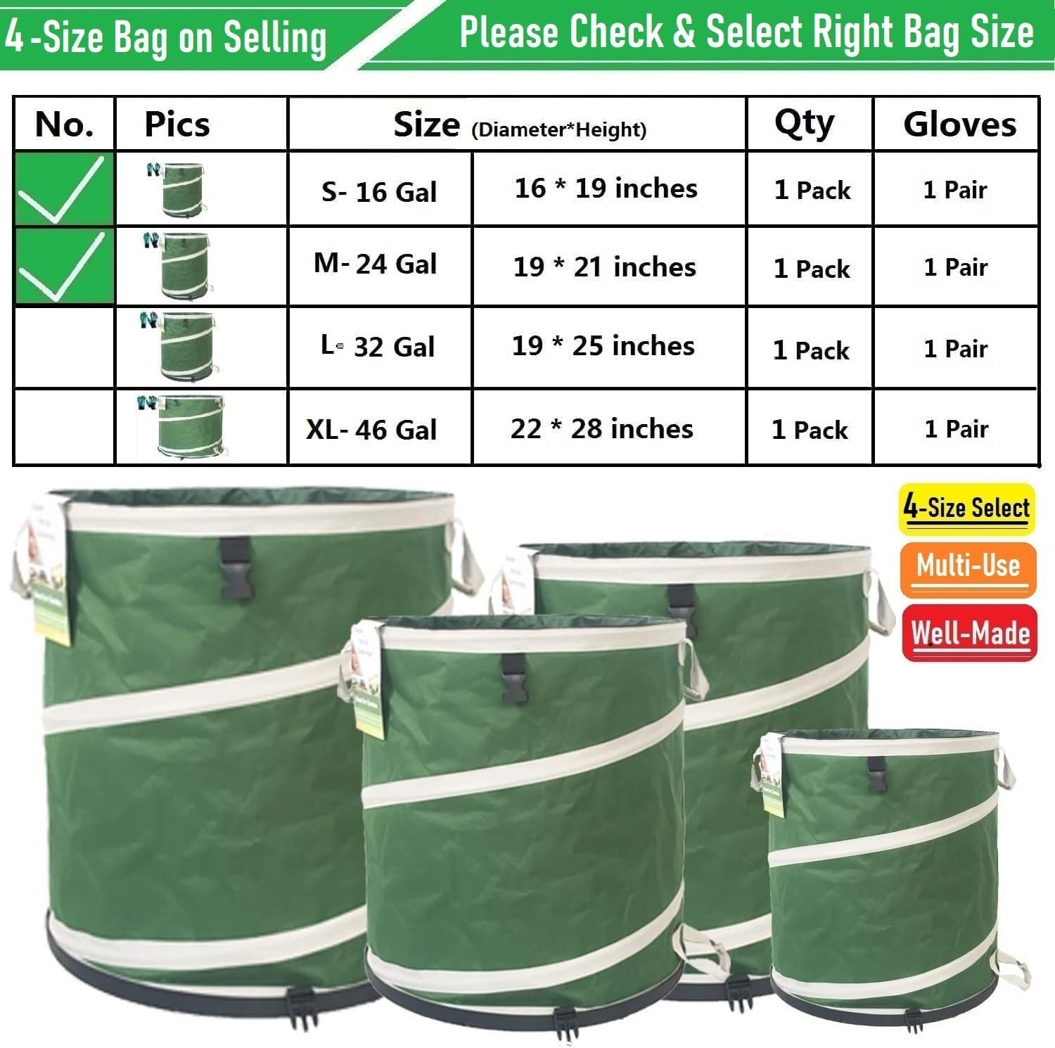16 Gallon & 24 Gallon Collapsible Trash Can with Solid Bottom Yard Garden Bag for Pop-Up Trash Can,Recycling Bin,RV Camping Waste Bin,Home Laundry Hamper,Yard Waste Bag,Debris Bag,Lawn Grass,Leaf Bags