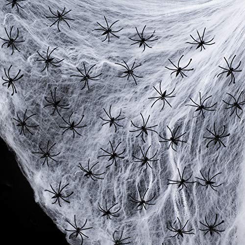 DearHouse 1100 sqft Halloween Stretch Spider Webs Indoor & Outdoor Spooky Spider Webbing with 60 Fake Spiders for Halloween Decorations
