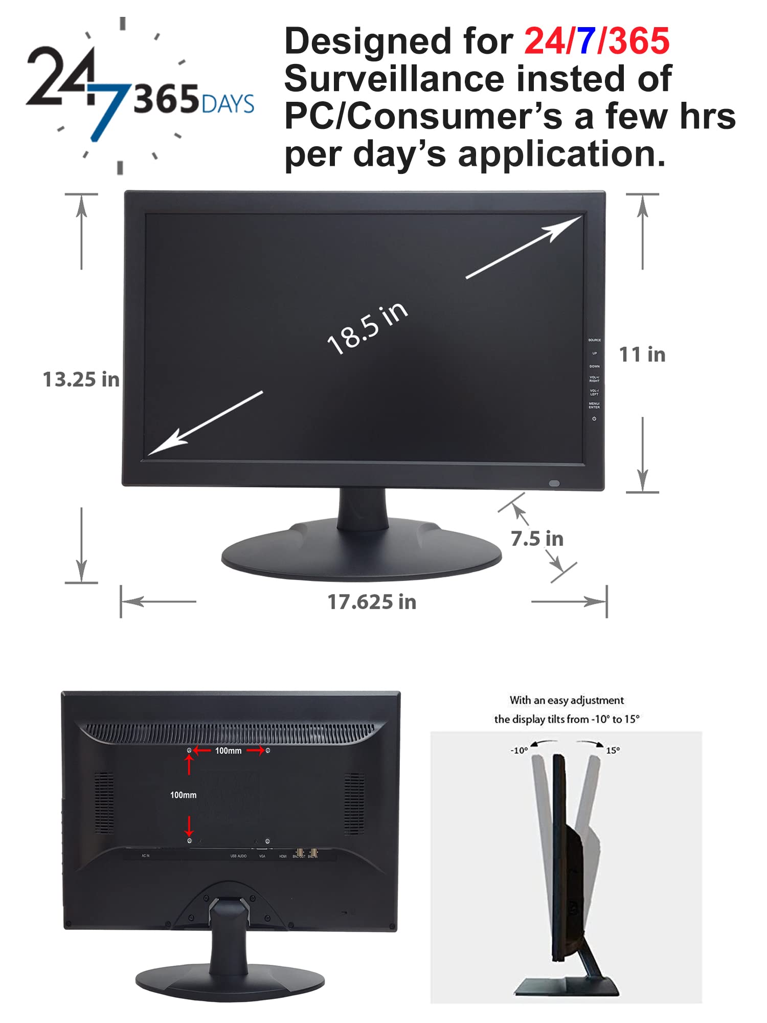 1stPV 18.5โ 16:9 Wide Screen Security Monitor with HDMI VGA & BNC Inputs and BNC Output Audio Video Display Built-in Speakers, Work with Analog Security Cameras Directly in Addition to DVR/NVR & PC