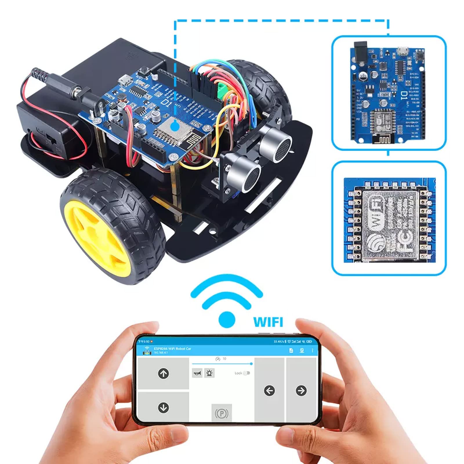 10Gtek 2WD Smart Car Kit with Tutorial, Compatible with Arduino, Ultrasonic Obstacle Avoidance, WiFi Remote Control