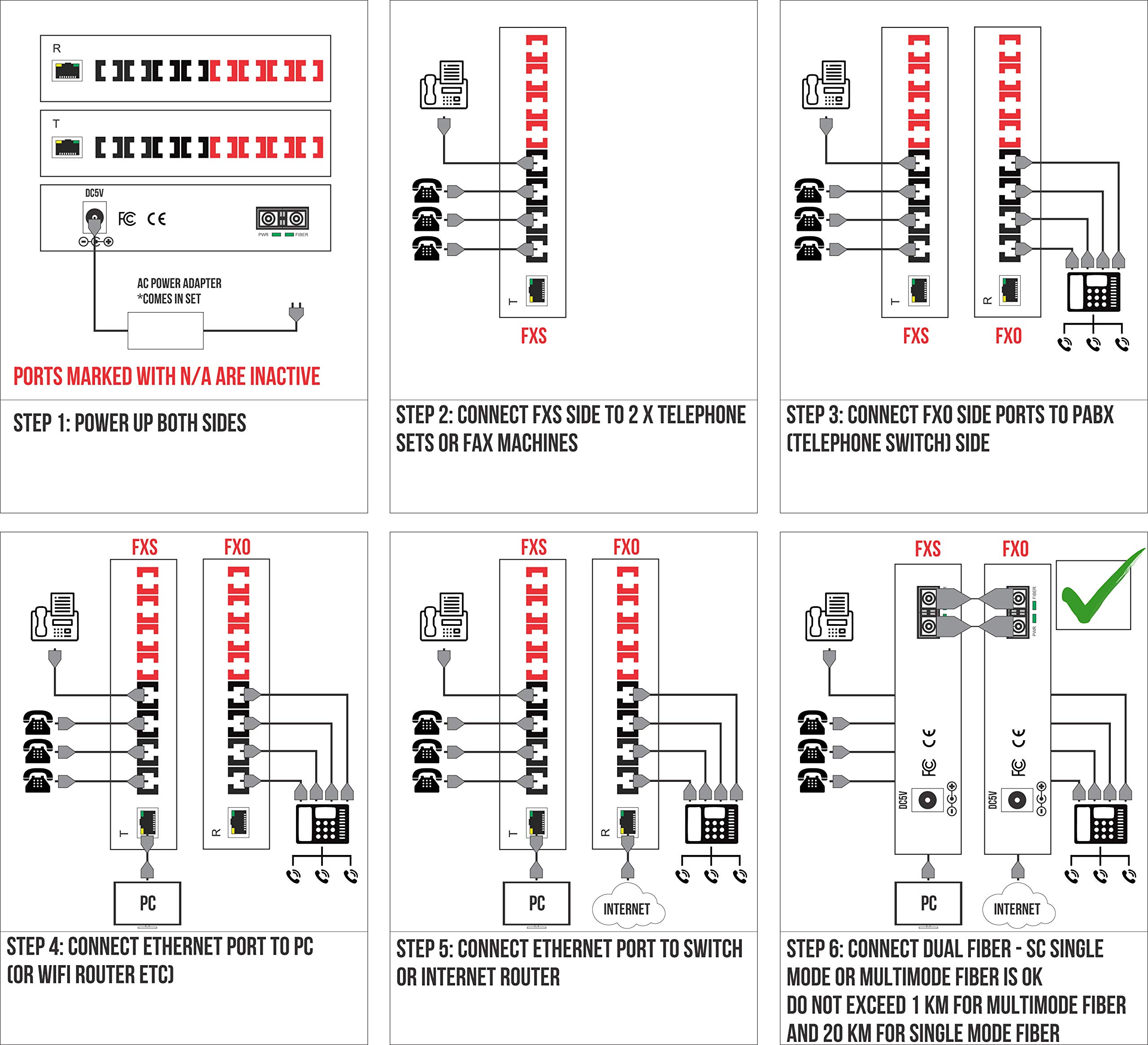4 x POTS RJ11 Telephone and Gigabit Ethernet Over Fiber Converter - Multiplexer - Extender Set of FXS FXO Units - Universal Single and Multimode - 1 km MM (0.6 mi) 20km SM (11.4 mi) - Voice Over Fiber