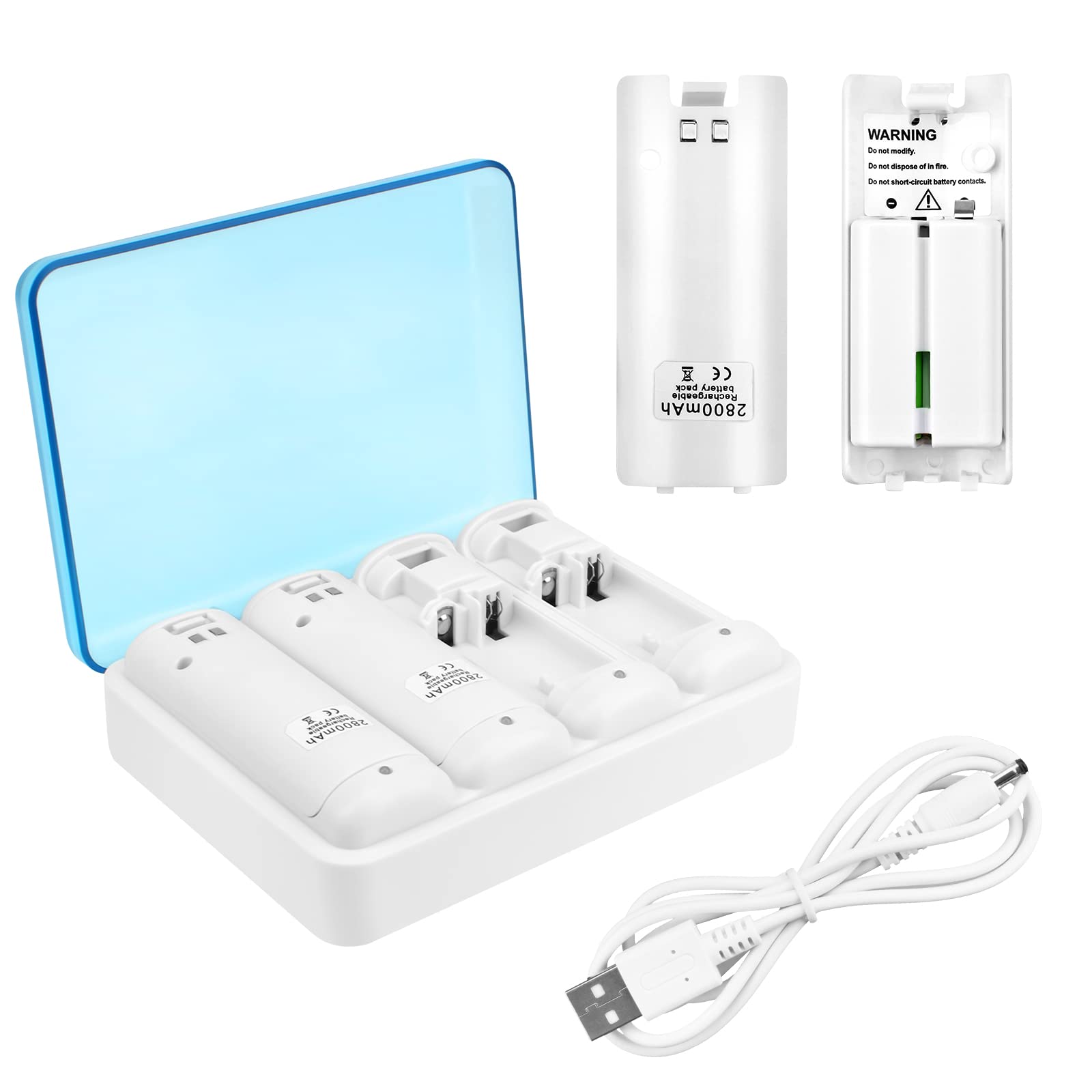 4-in-1 Charging Station for Wii & Wii U Remote Controller, 4 Pcs Rechargeable 2800 mAh Battery Packs with USB Cable Compatible for Wii/Wii U Remote Game Contoller (White)