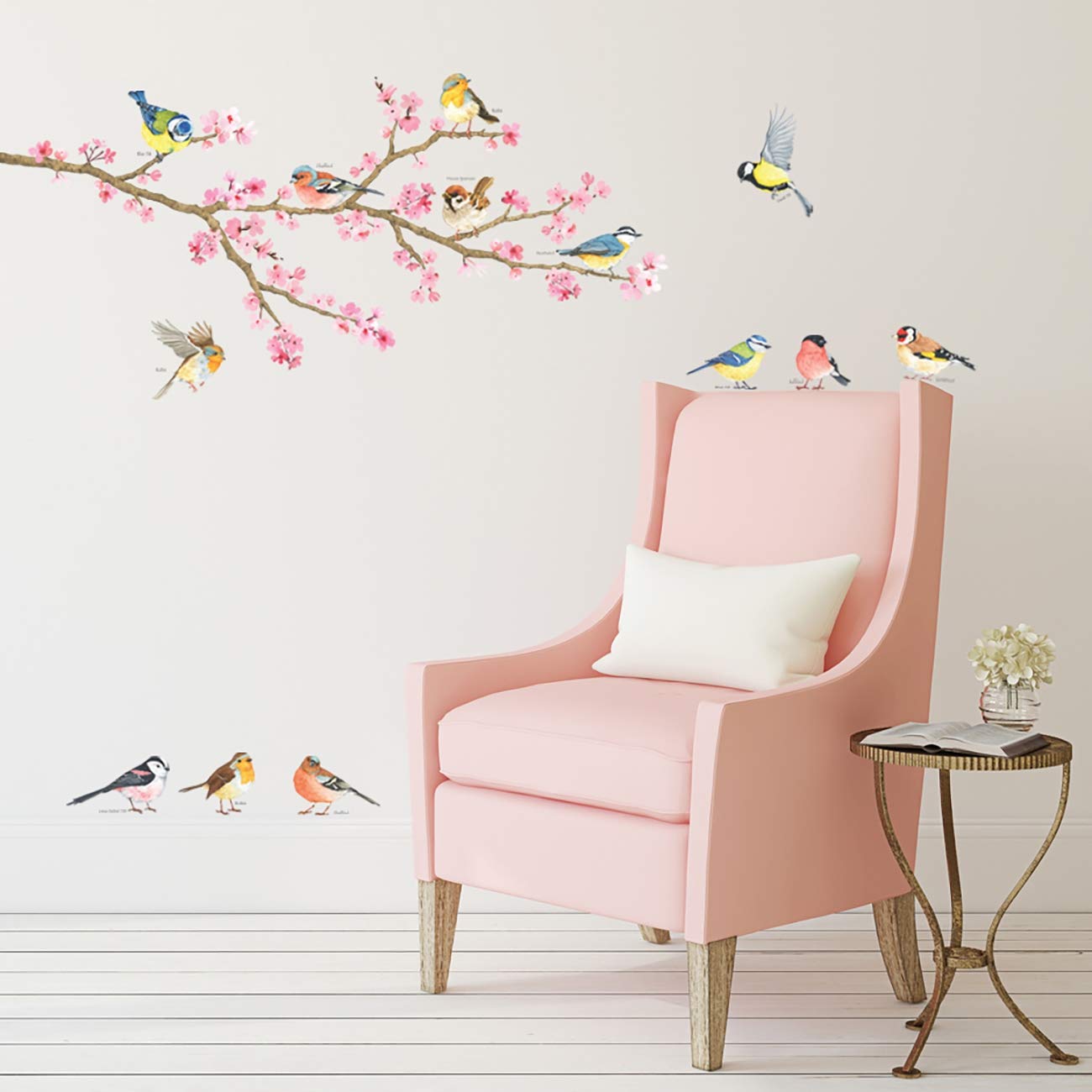 DECOWALL DWL-1904 Cherry Blossom Garden Birds Kids Wall Stickers Wall Decals Peel and Stick Removable Wall Stickers for Kids Nursery Bedroom Living Room d?cor