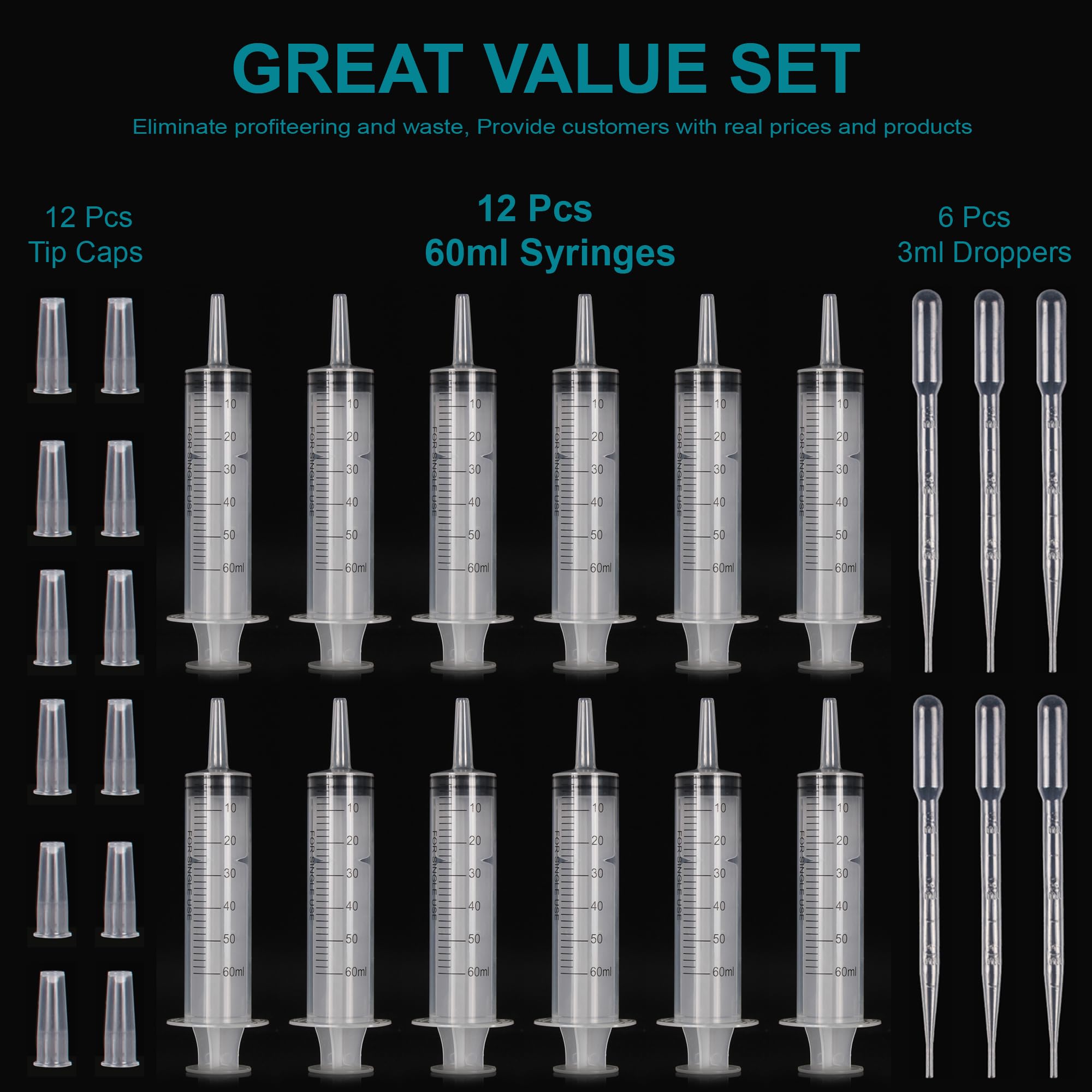 12Pack 60ml Syringe for Liquid - Large Plastic Syringes Without Needle for Jello Shots Food Thick Liquids and Irrigation Water, Lip Gloss Filling, Feeding Dogs Meds, Measuring ( 12 Pack 60 ml / cc )