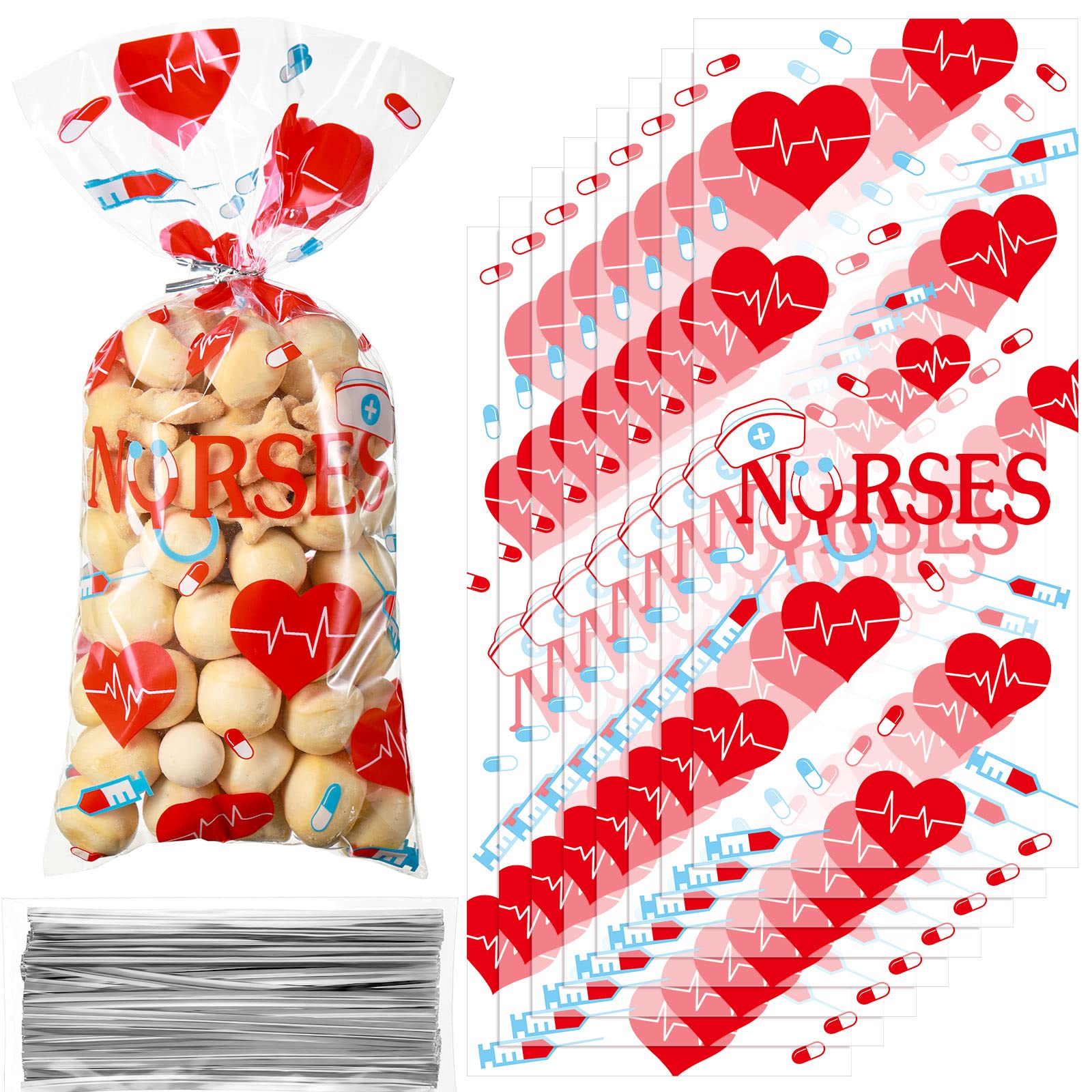 100 Pack Nurses Week Gift Bags Bulk Nursing Candy Bags Goody Bags Medical Gift Bag Treat Bags for National Nurse Day, Nursing Graduation Congrats, Nurse Doctor Theme Party Favors Supplies (Clear)