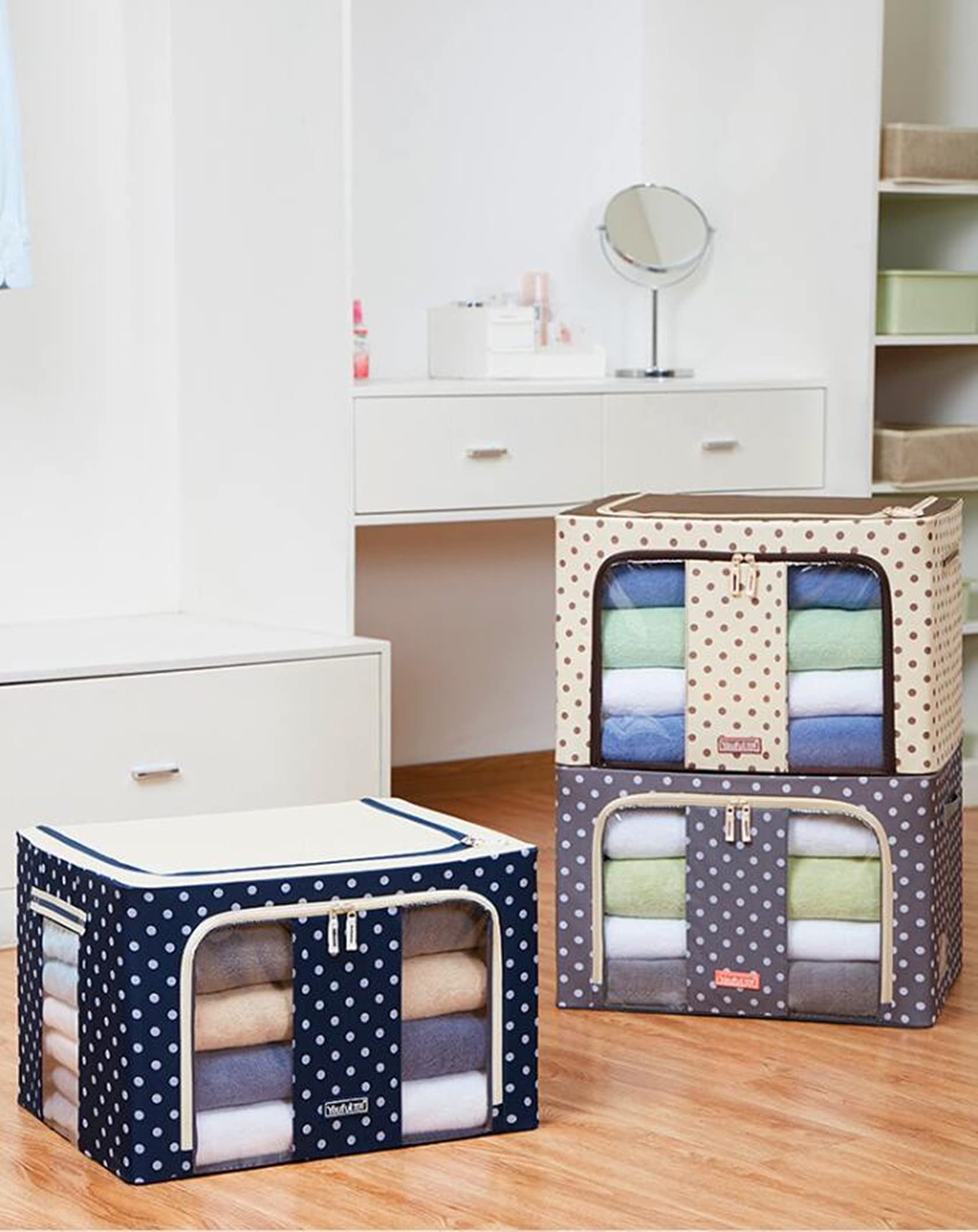 2 Pack 100L Foldable Storage Box with Transparent Double Window, Large Capacity Stackable Clothing Storage Box with Steel Frame and Metal Zipper and Carry Handles (100L, 2xUpgraded Blue Dots)