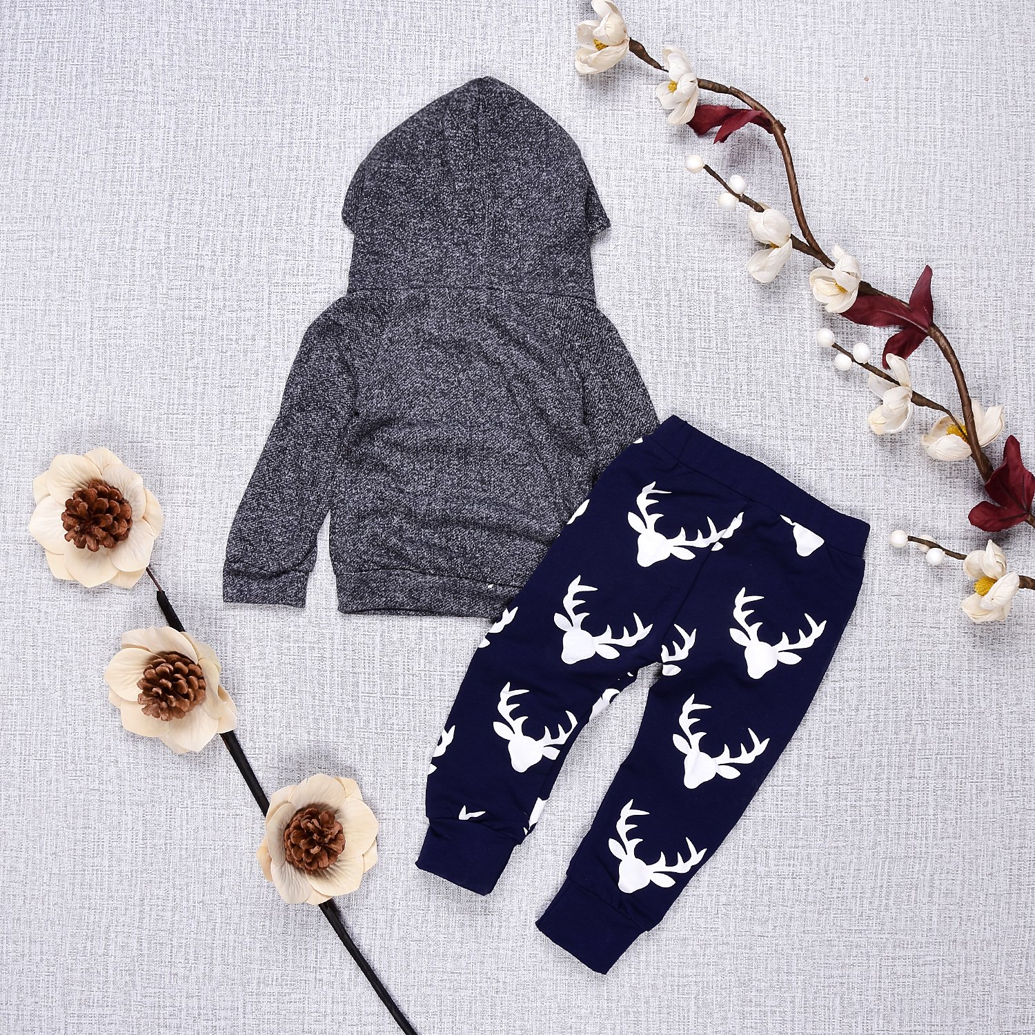 2PCs Baby Deer Print Hoodies with Pocket Top + Striped Long Pants Autumn Outfit Set (6-12M(Tag80), Grey&Dark Blue)