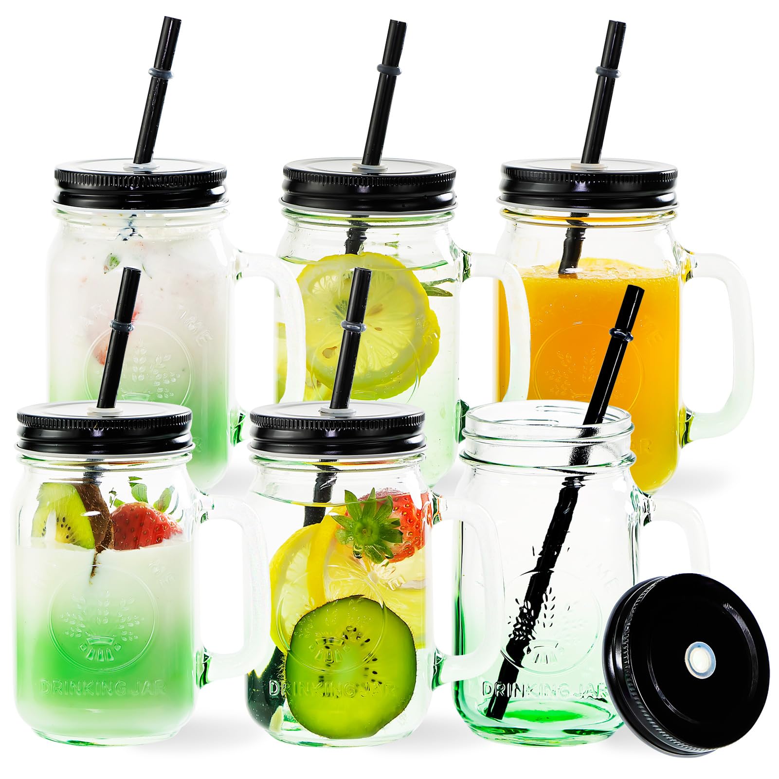 16 OZ Mason Jars with Lids and Straws,Glass Mugs with Handle Set of 4/6 Drinking Glasses,Large Wide Mason Jars Cup Set (Green, 6)