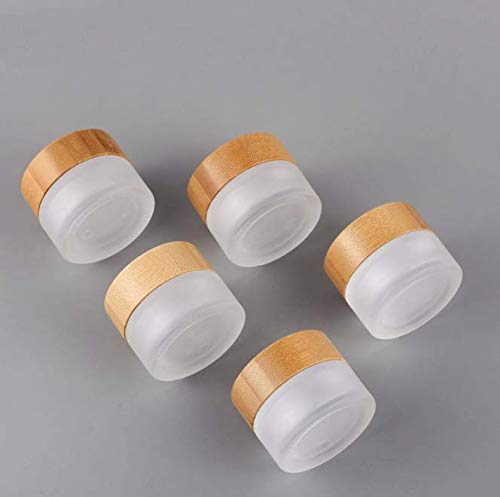 2 Pack 15ml 0.5oz Empty Refillable Round Frosted Glass Cream Jar Cosmetic Storage Container Pot Sample Jars Bottle with Natural Bamboo Lid and Inner Liners for Cream Lotion Lip Balm