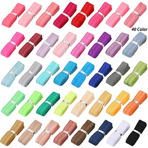 40 Yards Fold Over Elastic Solid Color Trim Elastic 40 Colors Ribbon Sewing Stretch Elastic Foldover Elastic Ribbon Band for Baby Girls Hair Bow DIY Craft Hair Ties Headbands