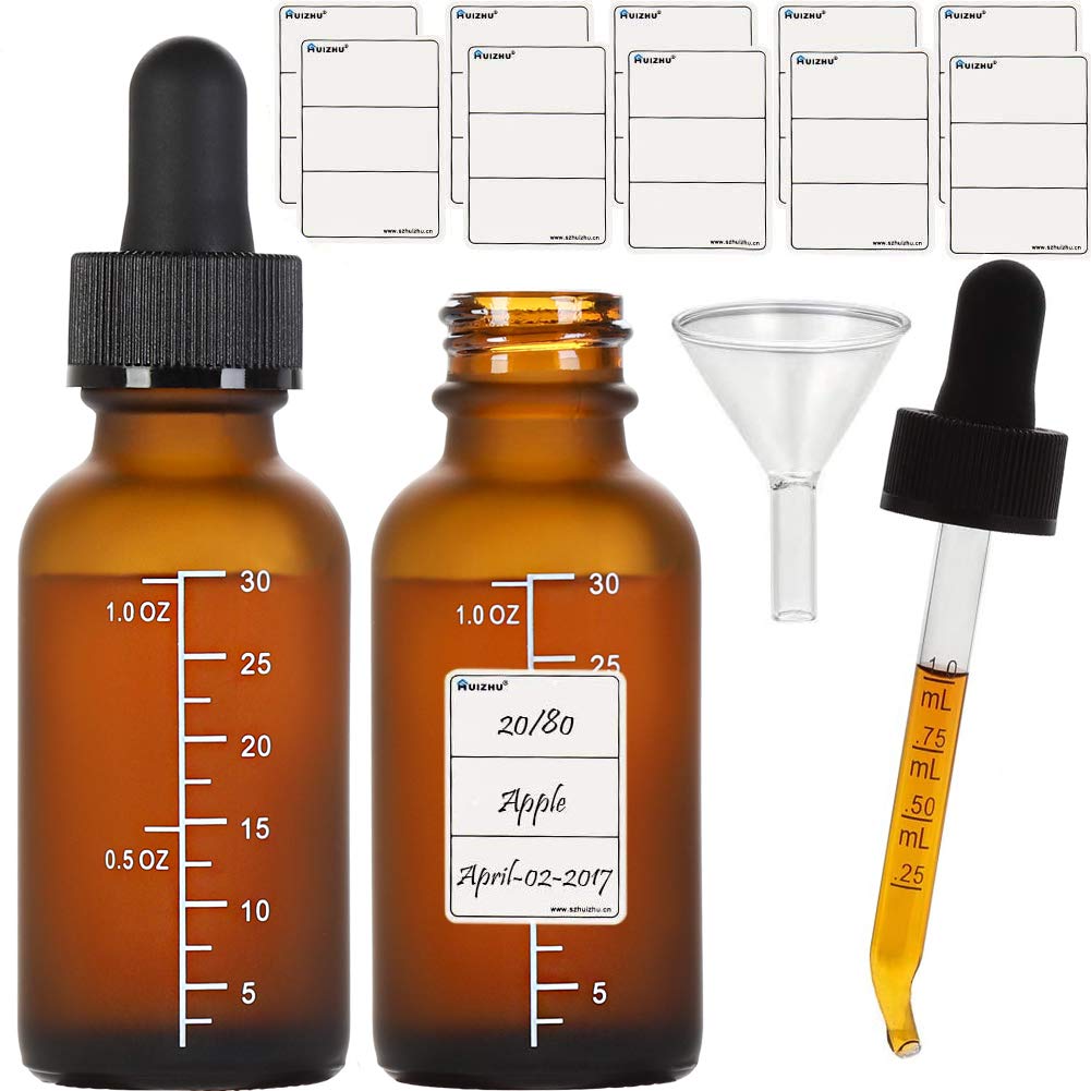 12pcs 30ml Glass dropper Dropper Perfume bottle with non-childproof caps measure scale and strong suction Nozzle bottle with funnel and tags (30ML 12PCS)