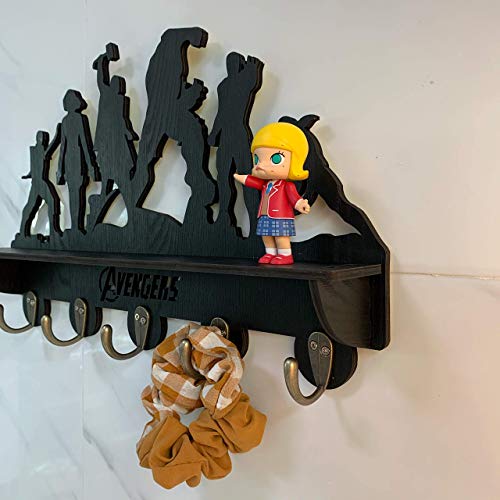Awesome Avengers Superheroes Wall Mounted Wooden Key Hook Coat Rack,Farmhouse Mounted Coat Rack and Upper Shelf for Storage,with 5 Dual Vintage Durable Metal Hooks