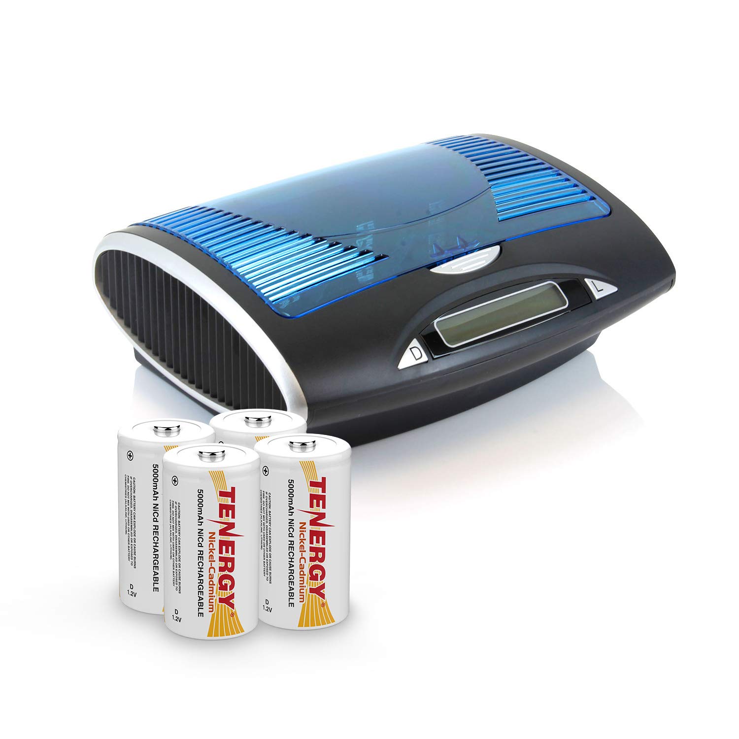 Tenergy Rechargeable NiCd D Batteries and T9688 LCD Smart Charger, 4 Pack D Size Battery Cells and Charger