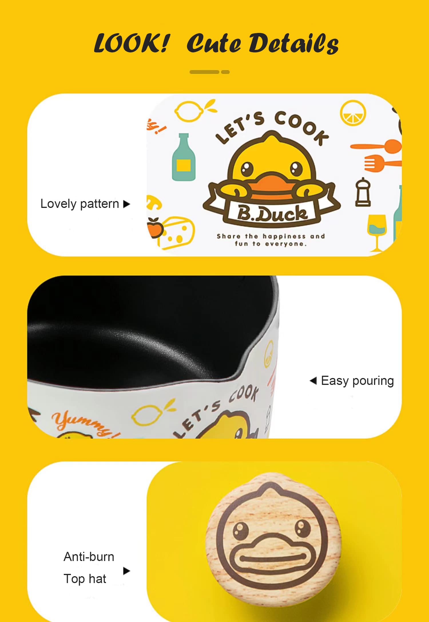 Cooker King x B. Duck 6 inch Milk Pot with Lid, Non-Stick Sauce Pan, Yellow Duck Pattern Small Cookware with Wood Handle-Yellow & White