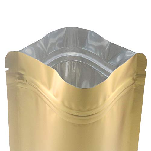QQ Studio Pack of 100 Matte Color Resealable Stand Up Snack Packaging Pouches Bags with Frosted Window for Candies, Gummies, Organic Candies (Gold, 4.5oz)