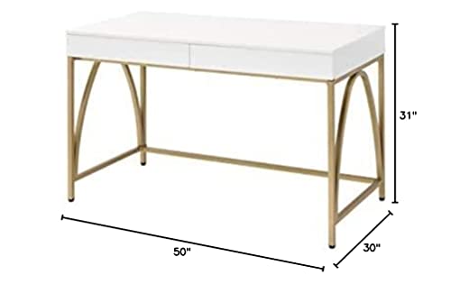 Acme Furniture Lightmane Desk, White High Gloss & Gold