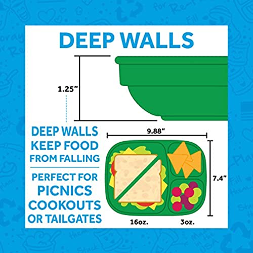 Re-Play Made in USA Large, Deep Walled Divided Plates for Kids, Set of 3 - Reusable 3 Compartment Plates, Dishwasher and Microwave Safe - 9" x 7.5" x 1.25" Divided Trays, True Blue