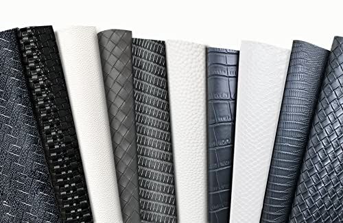 10Pcs/Set Black White Series Woven Texture Embossed Faux Leather Sheets, 7.78 x12.6" Braided Embossed Textured and Lattice Striped Fabrics, for Making Earrings, Handbag, Hair Bows and DIY Crafts