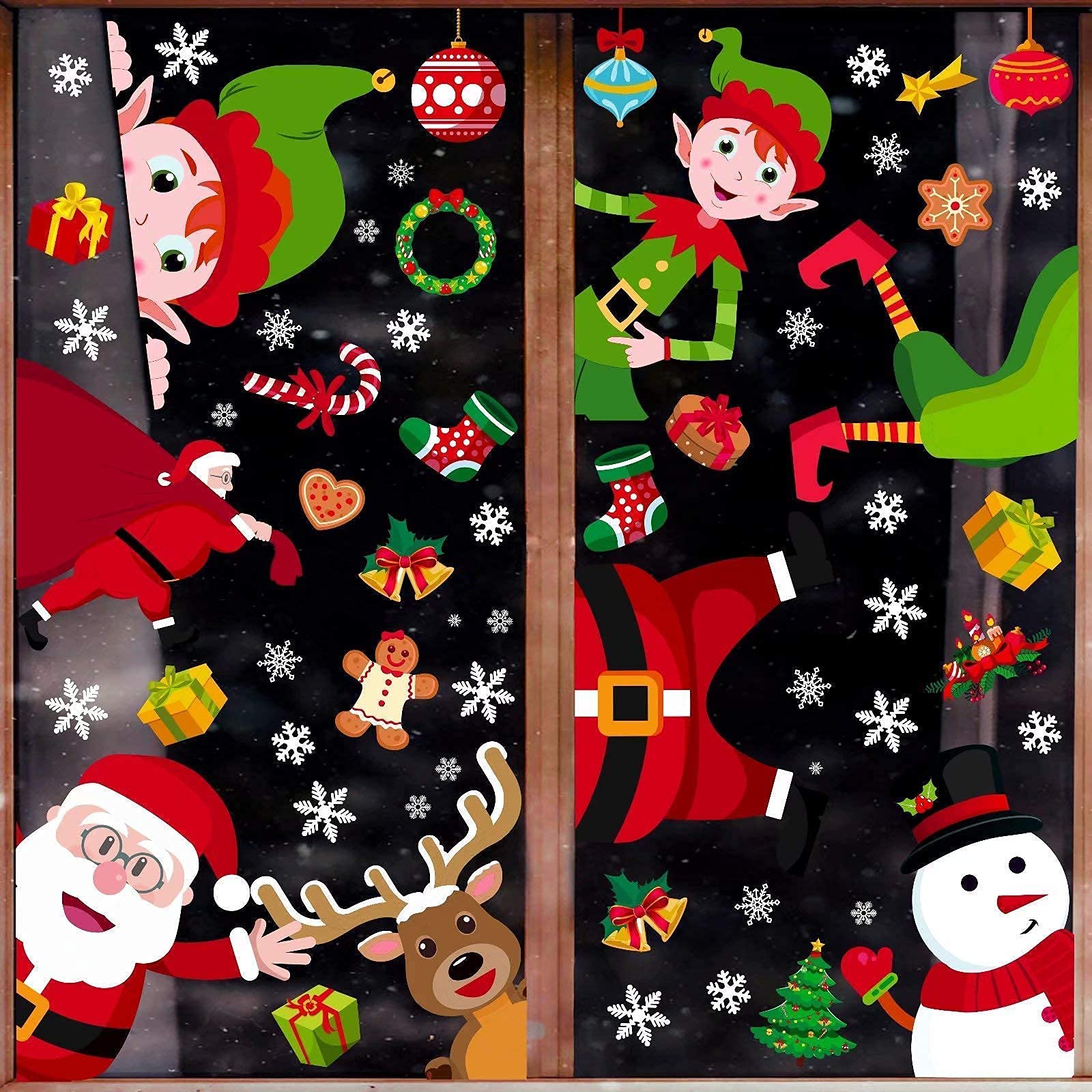 90shine 314PCS Christmas Decorations Window Clings - Xmas Holiday Snowflake Santa Elf Reindeer Gnome Peeking Decals, Winter Wonderland Party Supplies Decor, 12 Sheets