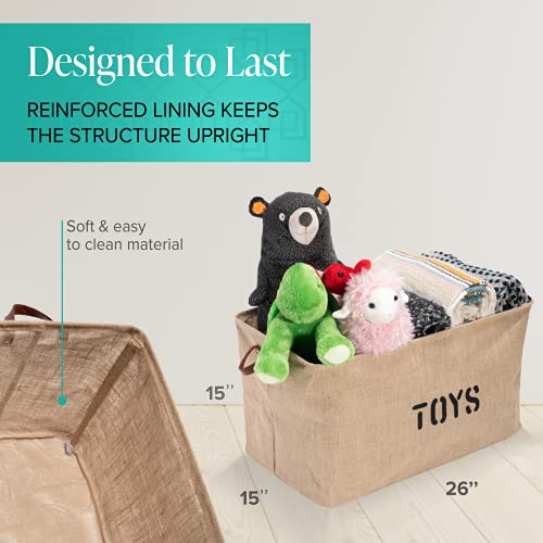 Woffit Toy Organizer Baskets - Set of 2 Collapsible Kids Toy Boxes w/Leather Handles - Living Room, Nursery and Playroom Storage & Organization, Beige