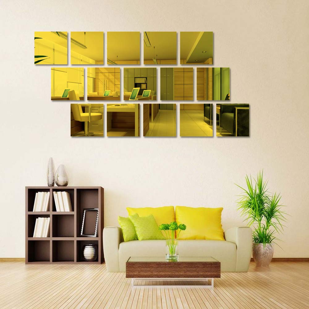 15 Pieces 6in Square Acrylic Mirror Sticker Sheet, Self Adhesive Golden Mirror Wall Decor, Removable Wall Stickers for Bathroom Living Room Bedroom Decal (Gold)