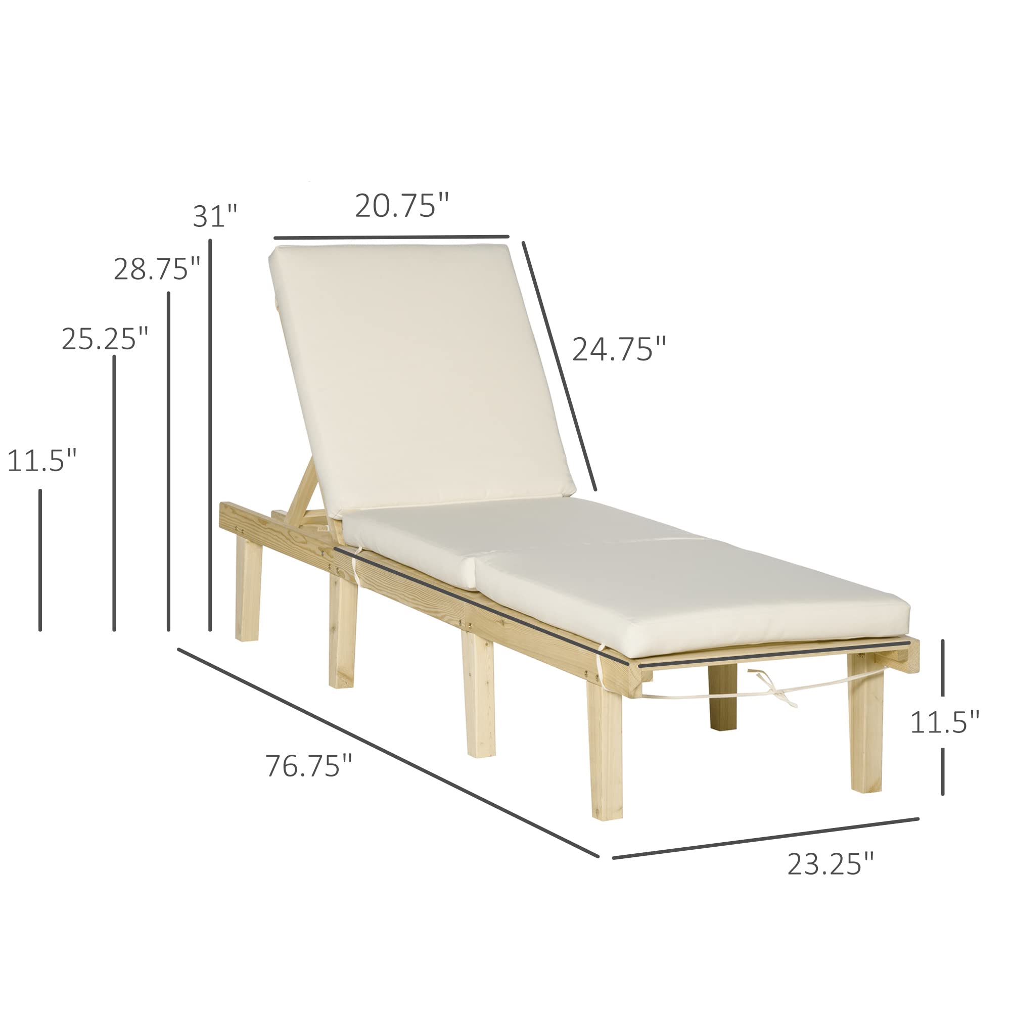 Outsunny Chaise Lounge Chair for Outdoor, Patio Recliner with 4-Position Adjustable Backrest and Cushion for Deck, Beach, Lawn and Sunbathing, Natural