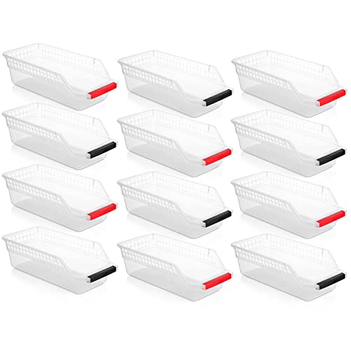 12 Pack - Multi-Purpose Shelf Baskets, Refrigerator Organizer Plastic Containers, Kitchen Pantry Cabinets Organization Bins, Clear