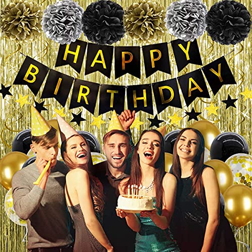 Birthday Decorations for Men,Black And Gold Party Decorations Boys Happy Birthday Decorations with Banner Birthday Party Supplies