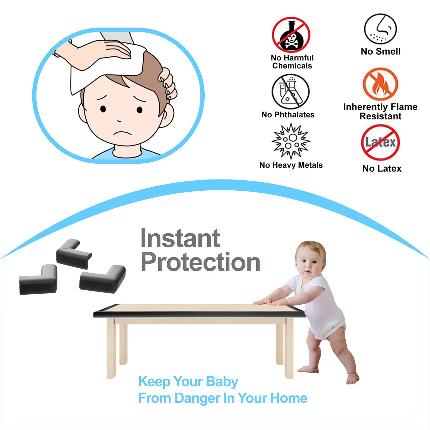 Baby Proof Edges & Corners Protector - Child Proofing Corner Edge Safety Gurards 18ft Edge + 8 Corners Kids Furniture Foam Cushion Bumpers Guard for Fireplace Table Cabinet (Black)