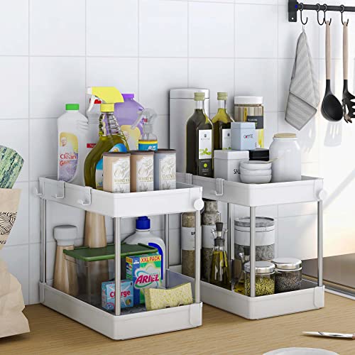 2 Pack Under Sink Organizer,2 Tier Under Sink Organizers And Storage For Kitchen Bathroom,Under Sink Cabinet Organizer,Multi-purpose Stable And Sturdy Cabinet Countertop Organizer,White