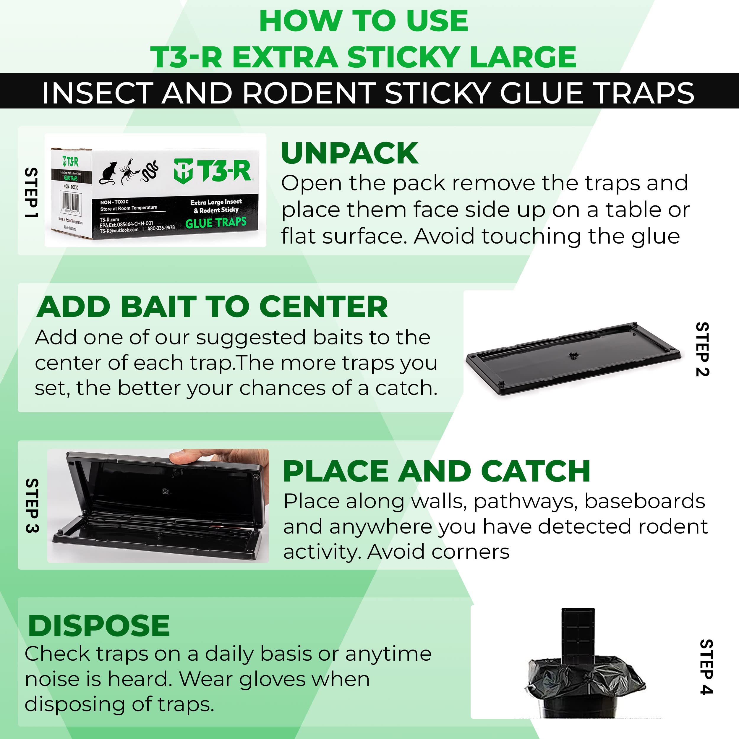 T3-R Sticky Traps for Bugs Extra Large (12 Pack) - Mouse and Insect Glue Boards - Disposable Non-Toxic Glue Traps for Mice and Rats - Extra Strength Sticky Glue Traps for Rodent