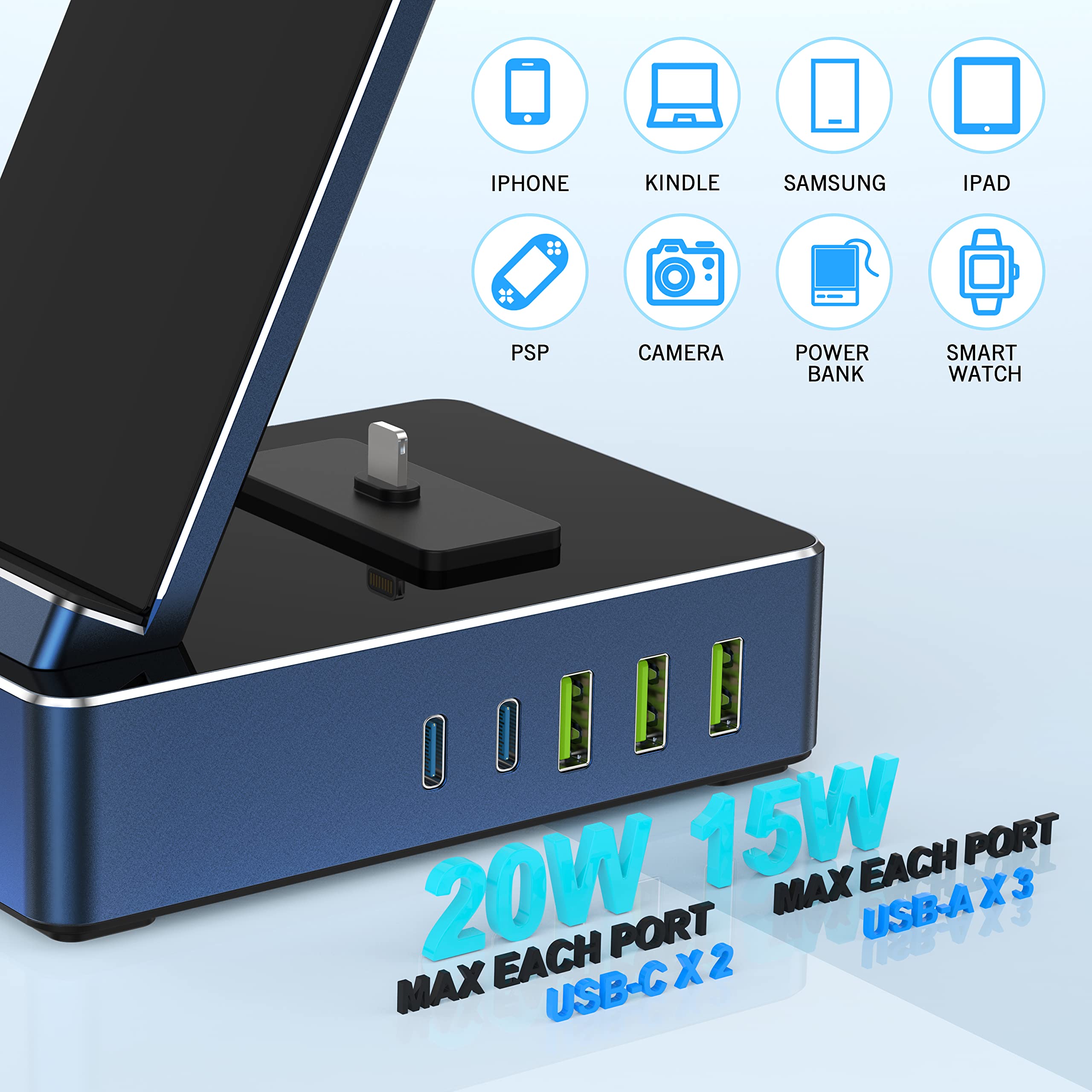 100W Aluminum Alloy Charging Station, 8 in 1Wireless Charging Station for Multiple Devices USB C Charging Station Compatible with iPhone Series, iWatch, (Blue)