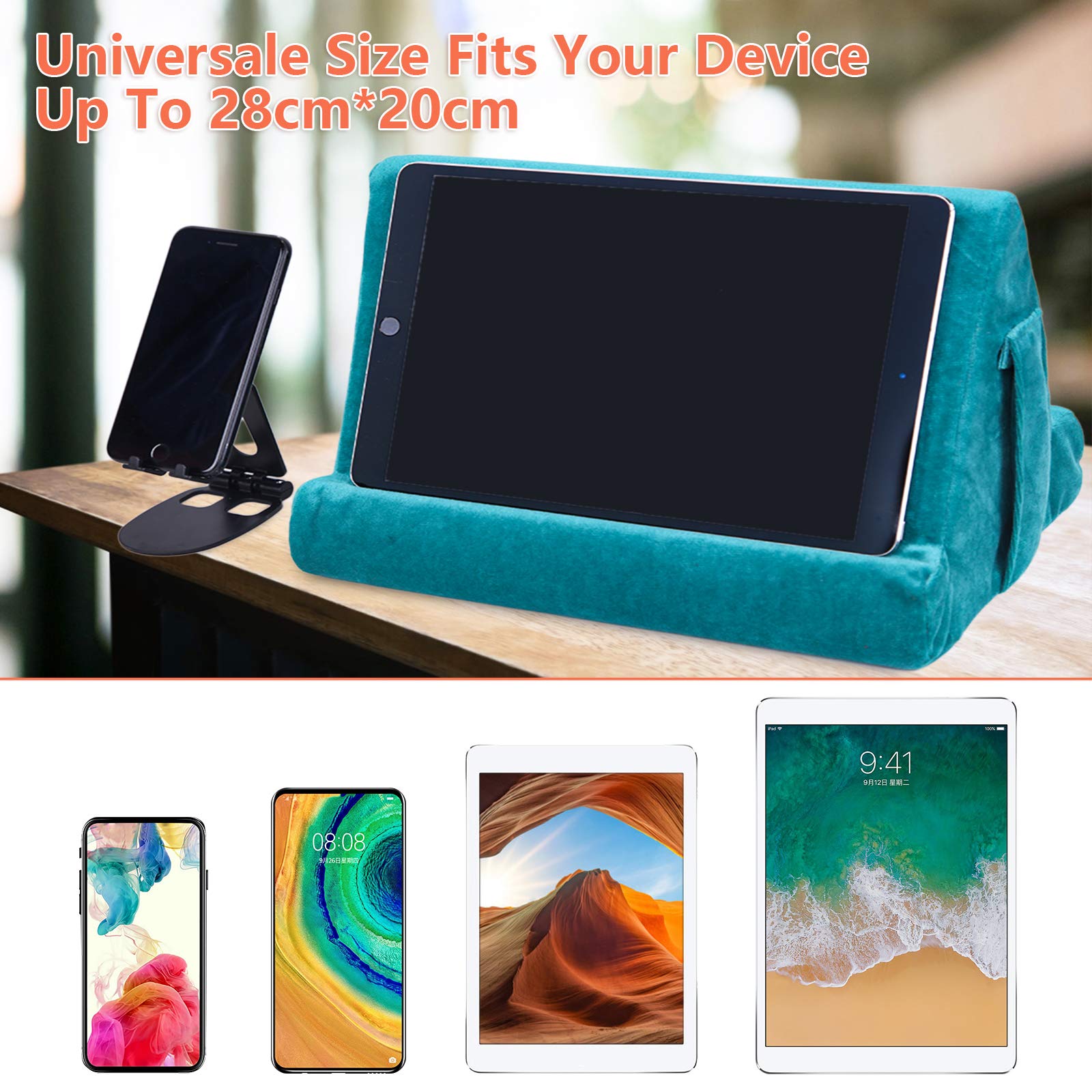 2pcs Multi-Angle Tablet Holder Cushion Stand with Net Pocket & Black Color Phone Stands Upgraded Tablet Pad Support for Phone,Pad,Books (Lakeblue)